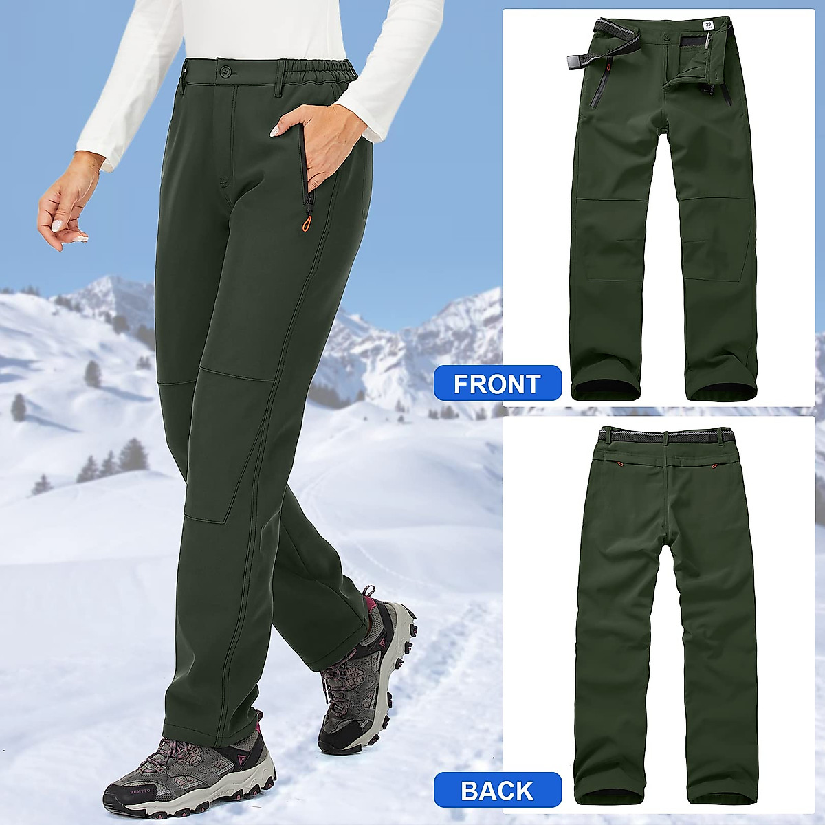 Toomett Ski Pants Women Waterproof Snow Winter Insulated Warm Outdoor Fleece Lined Hiking Pants with Zipper Pockets,209, Army Green,28