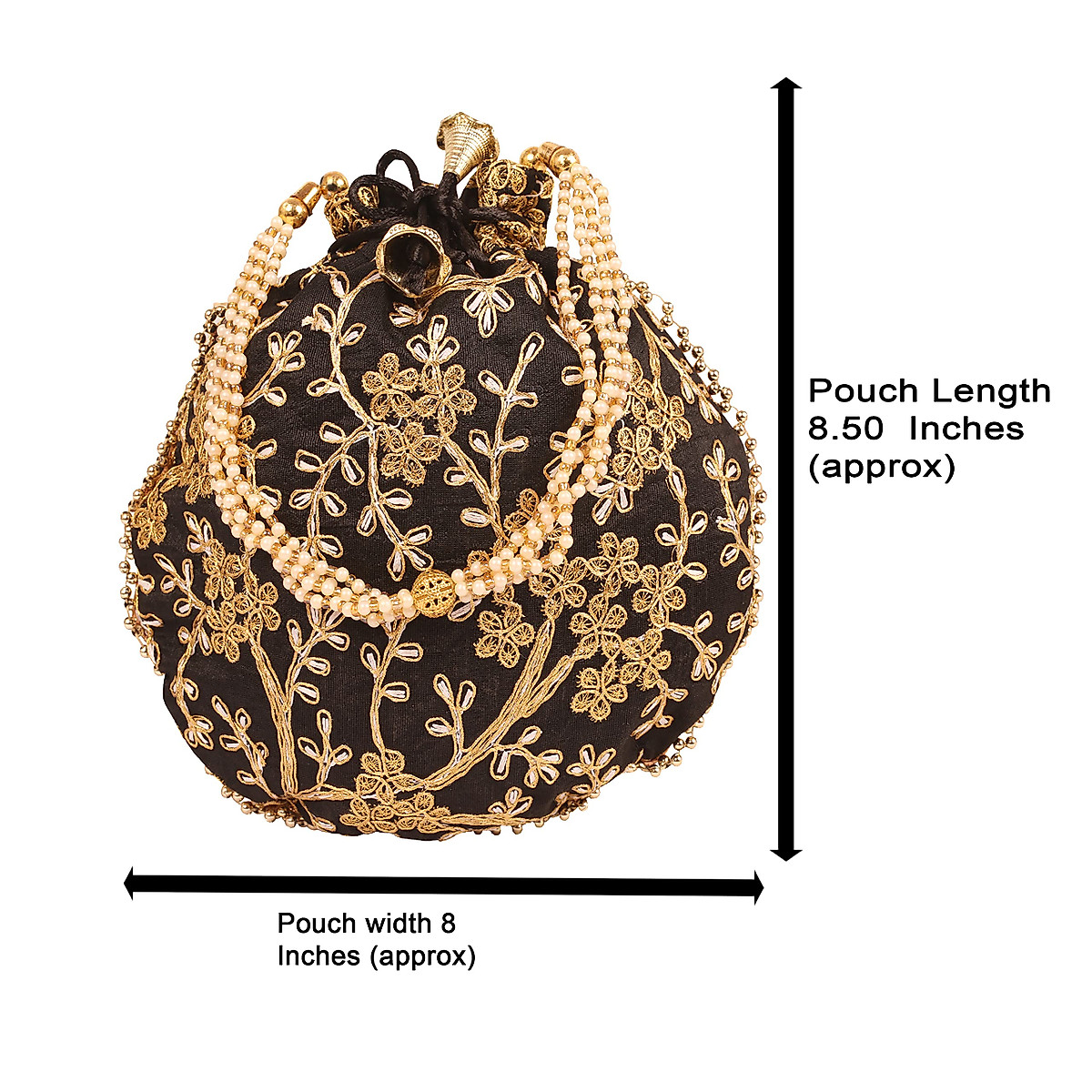 Touchstone NEW Traditional Indian Hand Embroidered Floral Faux Pearls Strings Shopping Gifts Jewelry Wedding Sweet Distribution Drawstring Fancy Black Bag Purse Pouch For Women.