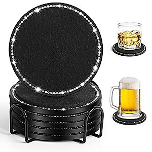 Coasters for Drinks with Holder,Avkast 6PCS Silicone Drink Coasters with Soft Felt Insert Bling Rhinestone Absorbent Coasters for Coffee Table Desk Office Bar Home- Black