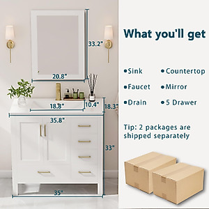 DEYGIA 36" Bathroom Vanity with Sink with Faucet, Single Sink Bathroom Vanity with 5 Drawers, Mirror, Pedestal,Ceramic Countertop, Ceramic Sink, Soft-Close Doors (White)