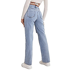 SweatyRocks Women's High Waist Straight Leg Jeans Ripped Distressed Denim Pants Light Blue S