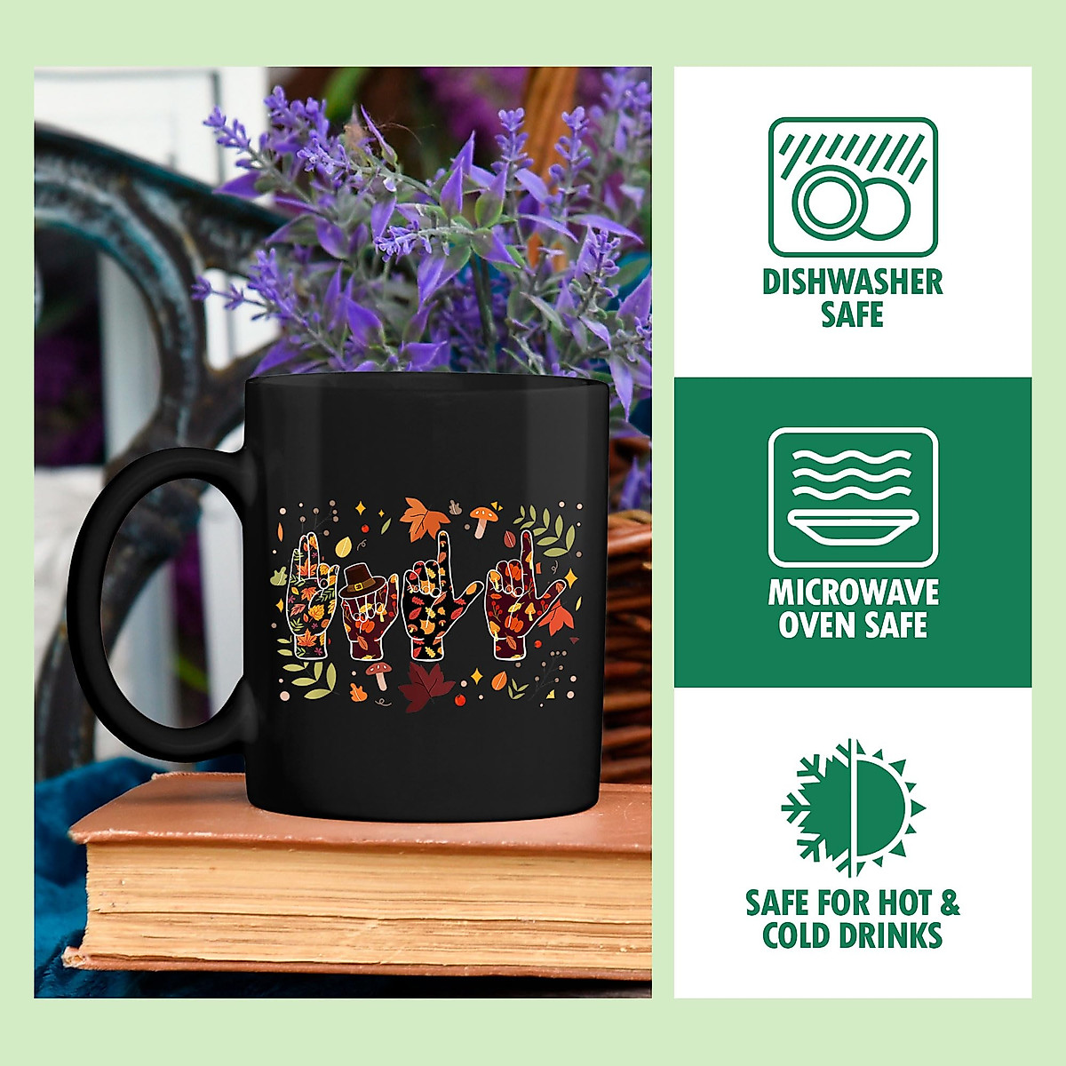 RW30 Fall ASL Thanksgiving Sign Language Alphabet Autumn Black Coffee Mug 11oz
