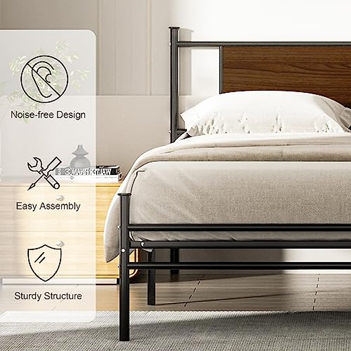 HAOARA Twin XL Size Bed Frame with Rustic Wood Headboard, Metal Heavy Duty Platform Frame, Sturdy Steel Slat Support, No Box Spring Needed, Black