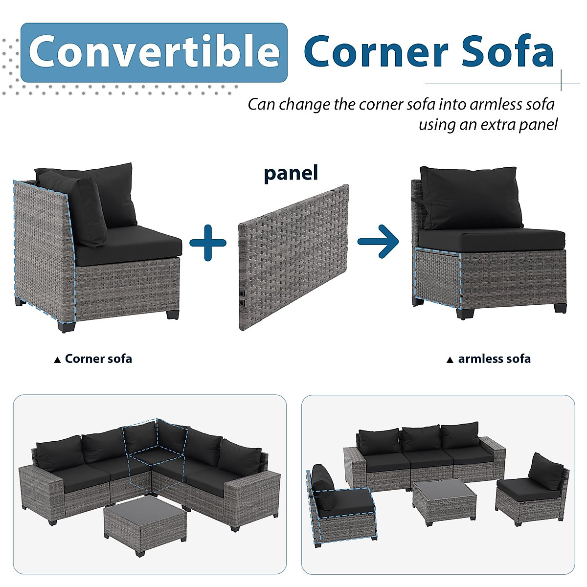 JOIVI 6 Piece Outdoor Patio Furniture Set - Wicker Sofa with Coffee Table, Powder-Coated Frame & Handwoven PE Rattan for All-Weather Durability, Ideal for Parties