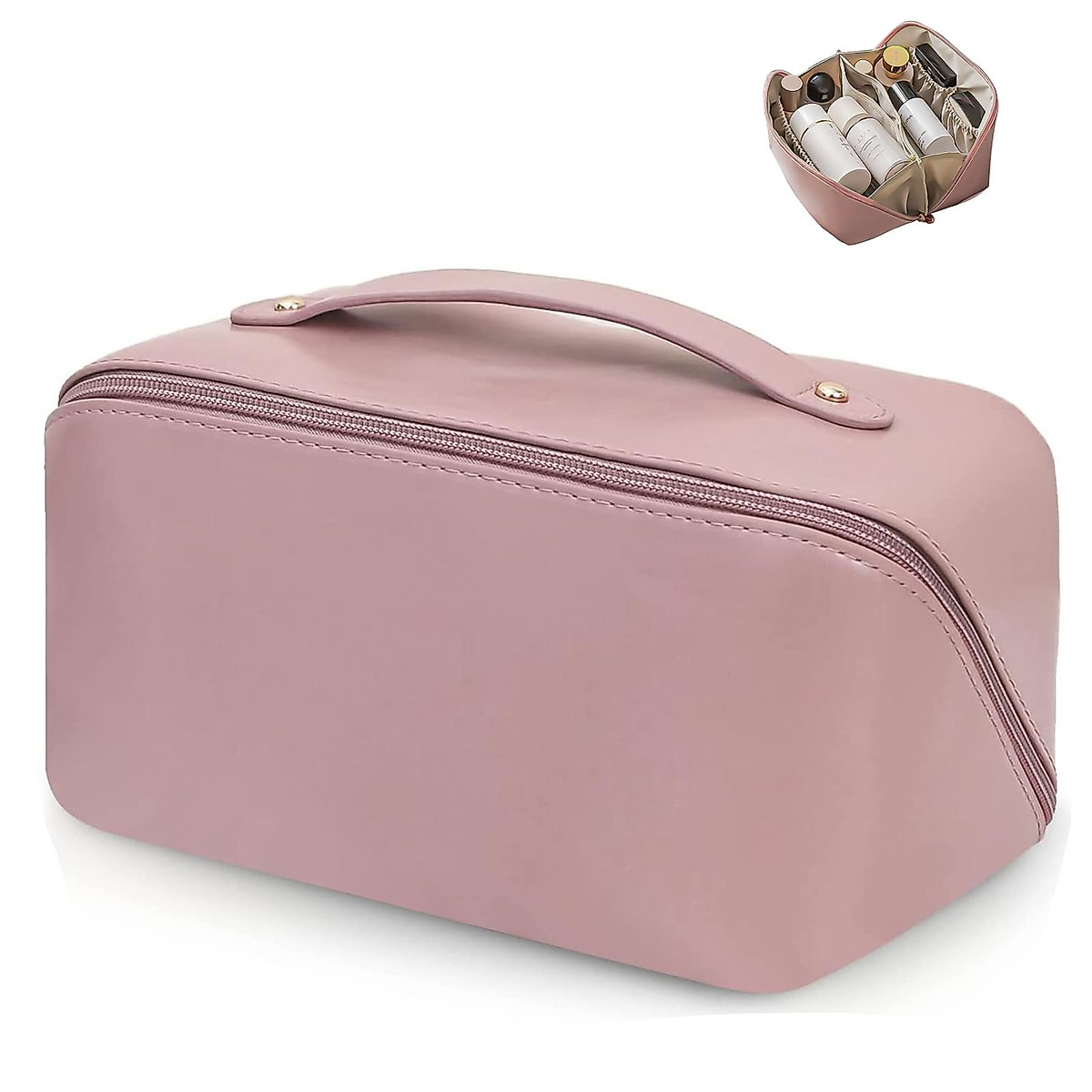 BOBOBOX Travel Cosmetic Bag Large Capacity Make Up Bag PU Leather Waterproof Portable with Handle and Divider Multifunctional Bag (Pink)
