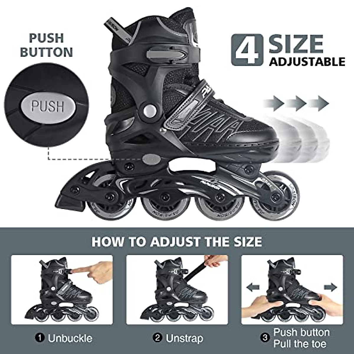 ITurnGlow Adjustable Inline Skates for Kids and Adults with Light up Wheels Beginner Skates Fun Illuminating Roller Skates for Kids Boys and Ladies