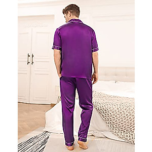 SWOMOG Mens Satin Silky Pajama Set Short Sleeve Classic Sleepwear Button Down Loungewear with Long Pants Purple Large