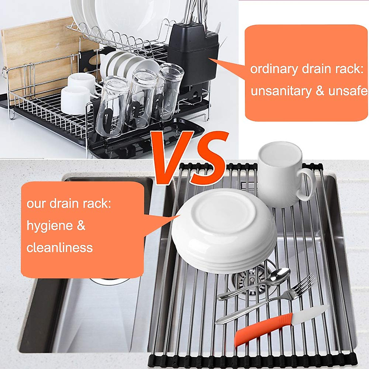 Rcdegk Roll Up Dish Drying Rack Over The Sink Kitchen Counter, The Multipurpose Sink Dish Drainer Mat for Fruits and Vegetable Rinser,Durable Silicone Covered Stainless Steel Rod,Large - 20.5" x 16"