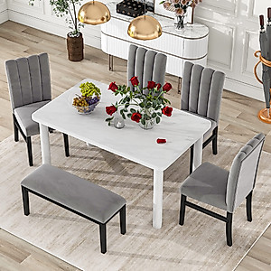 YuiHome 6-Piece Rectangular Table Set with Marble Veneer and 4 Flannelette Upholstered Dining Chairs & Bench, for Living Furniture, Guest Room, Home Bar, and Kitchen,White+Gray