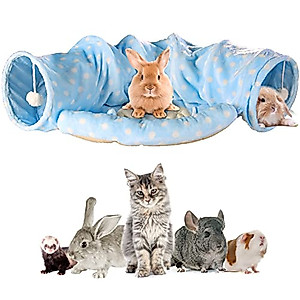BNOSDM 2-in-1 Rabbit Tunnel Bed for Bunnies Tube Collapsible Removeable Mat Rabbits Tunnels Tubes Toys Small Animal Hideout for Pet Kittens Chinchilla Ferrets Guinea Pigs Hamster Blue