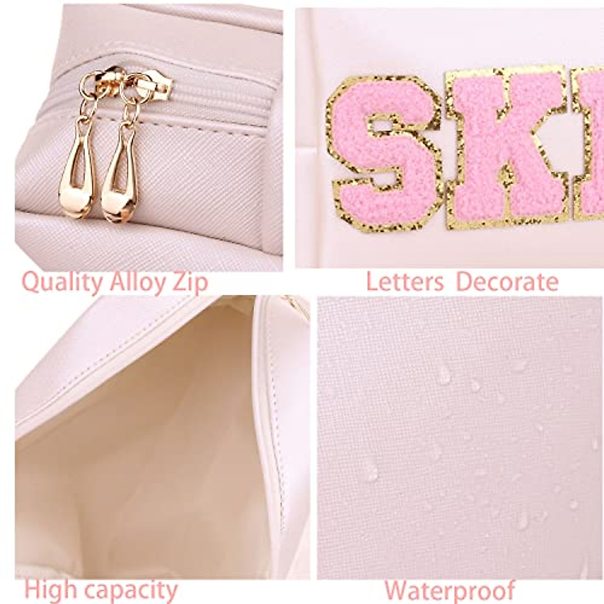 CRUOXIBB Preppy Patch Cosmetic Toiletry Bag for Women SKIN Letters PU Leather Portable Makeup Bag Zipper Pouch Storage Purse Waterproof Organizer for Travel (Shell Gold)