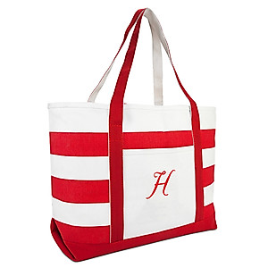 DALIX Beach Tote Bag Shoulder Bags Striped Monogrammed Red Ballent Letter H