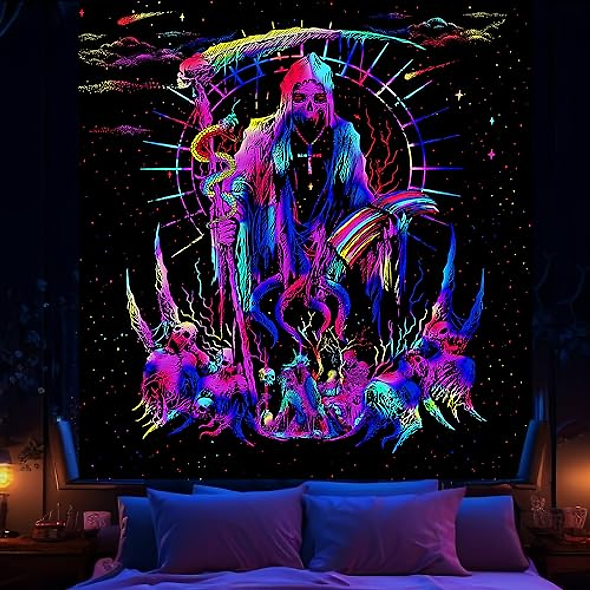 Blacklight Skull Tapestry for Bedroom, Hippie Grim Reaper and Skeleton Posters Wall Hanging for Men Room Decor, Large Black Light Cool Gothic Tapestries for Men Living Room Dorm Decor (60in x 79in)