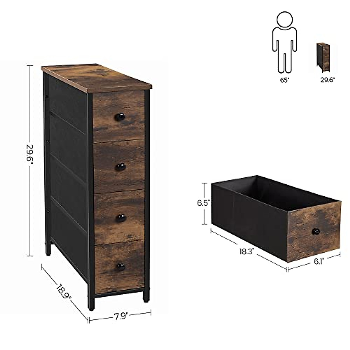 SONGMICS Narrow Dresser, Vertical Storage Unit with 4 Fabric Drawers, for Small Spaces and Gaps, Metal Frame, Slim Storage Tower, for Living Room, Laundry, Closet, Rustic Brown and Black ULGS041B01