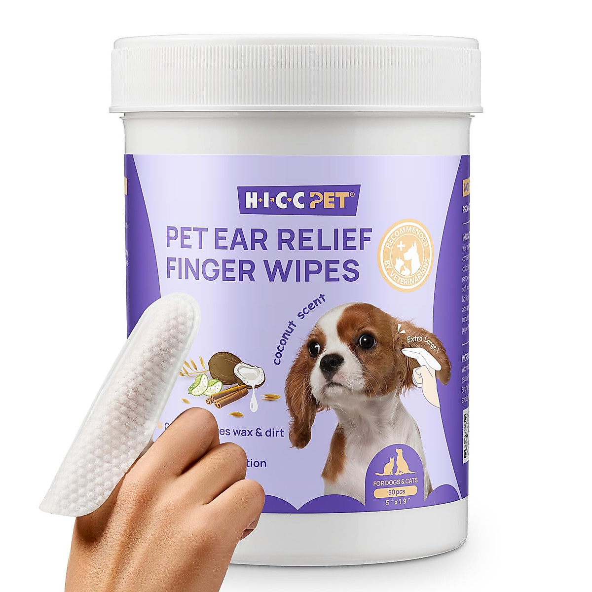 HICC PET Ear Finger Wipes for Dogs & Cats - Gently Remove Ear Wax, Debris - Sooths & Deodorizes - Relieve Ear Itching & Inflammation, Fresh Coconut Scent, All Natural Ingredients - 50 Count