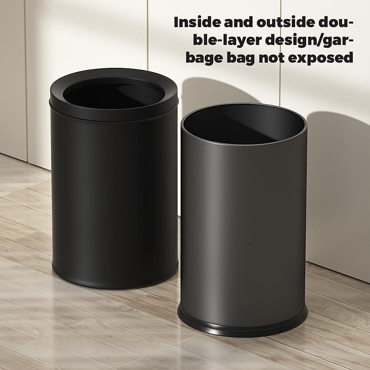 YOJIA 9L/2.4Gal Black Bathroom Trash Can,Double Lyers Metal Waste Basket, BlackGarbage Can for Bathroom, Living Room, Kitchen, Office,Bank, Near Desk(Black 9L)