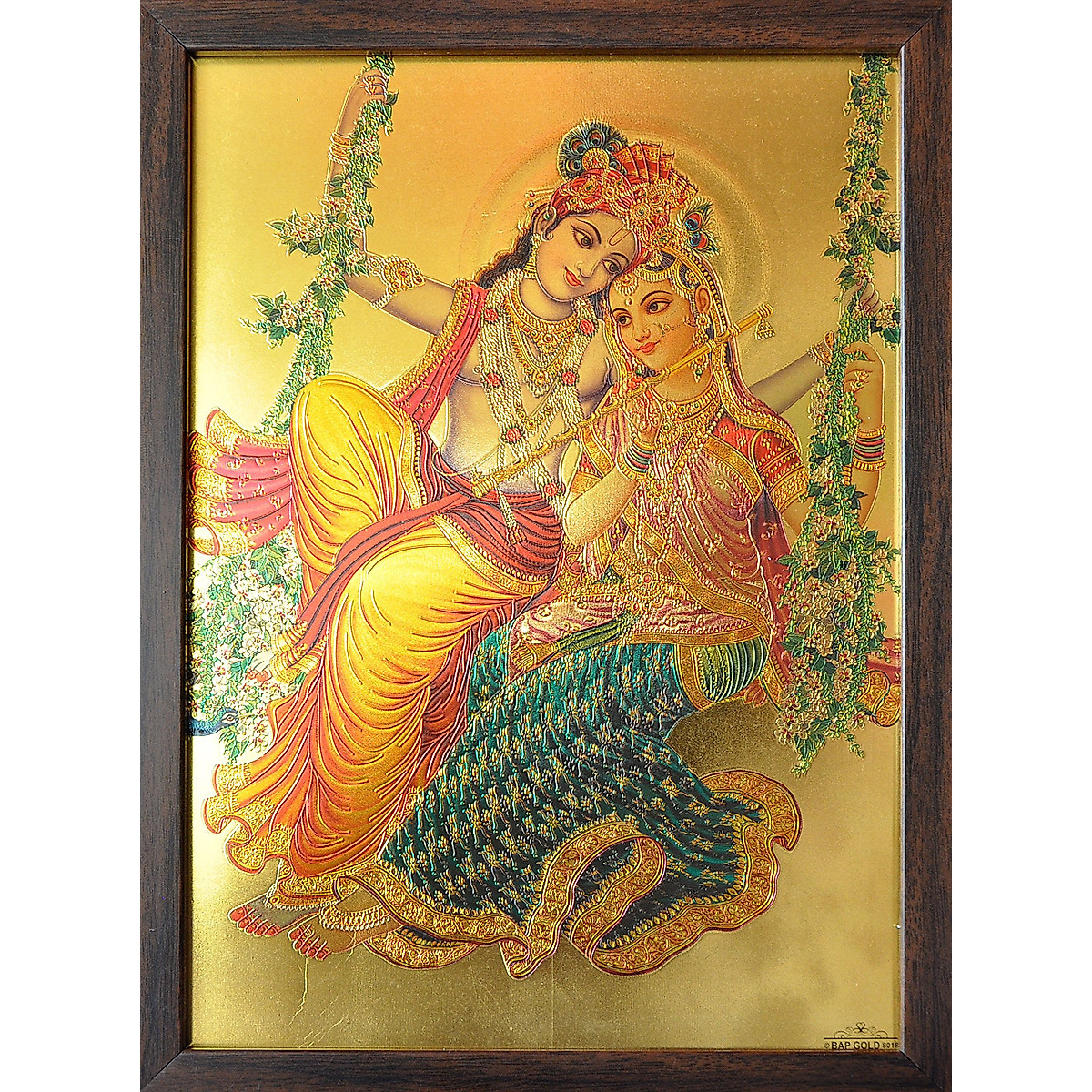 Handicraft Store OFS- Lord Krishna & Radha Enjoying jhula and Radha Playing Flute, A Elegant, Decorative, Religious Picture Poster with Frame, Must for Office/Home and Religious Purpose