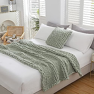 WESHIONGOO Chunky Knit Blanket Throw Knitted Throw Blankets for Couch Bed Fluffy Soft Blanket with Jumbo Chenille Yarn Thick 100% Handmade (Sage Green, 50"×60")