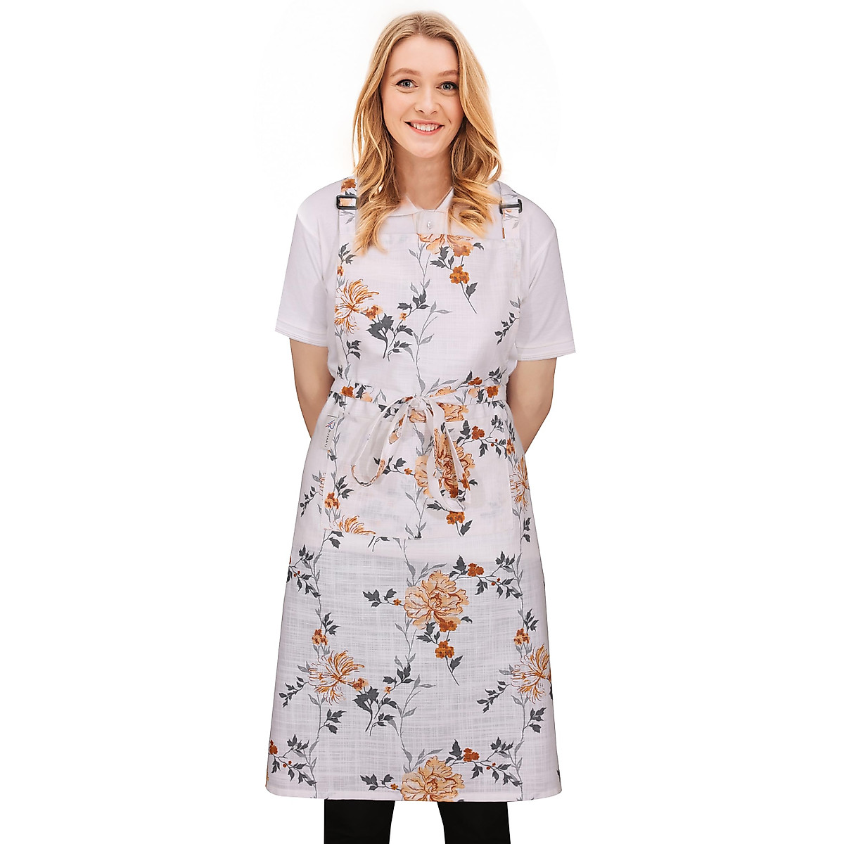 RUVANTI Aprons for Women with Pockets - Adjustable up to XXL - 100% Cotton - Cute Aprons for Cooking, Kitchen, Server, Barber, Restaurant, Chef Apron - 1 Pack - Grey Floral