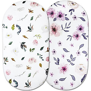 GFU Bassinet Sheets Fitted for Baby Girl, 2 Pack Soft Breathable Bedside Sleeper Sheets Set, Fit for Hourglass Oval Rectangular Bassinet Mattress Pad, Pink Purple Watercolor Floral