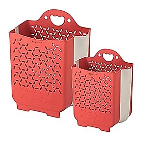 Foldable Plastic Laundry Baskets. Wall Hanging Storage Basket. Multi-function Storage Container Waterproof Durable for Bedroom and Bathroom (M&L, Red)