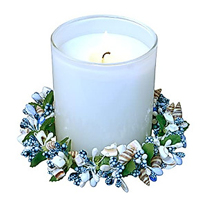 6 Inch Seashell and Pearlized Berry Candle Ring in Blue, White, Green and Tan - Holds 3.75 Inch Pillar Candle, Seaside Beach Décor Candleholder