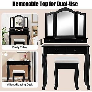 RIVALLYCOOL 2-in-1 Vanity Table Set, Multipurpose Dressing Desk Set with 4 Drawers Tri-Folding Mirror, Cushioned Stool, Wood Table with with Modern Shape, Bedroom Bathroom Makeup Table (Black)