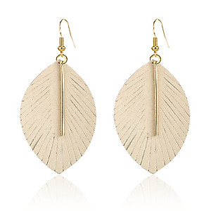 GBAHFY Feather Leather Layered Fringe Earrings for Women Boho Genuine Leather Leaf Tassel Dangle Statement Earrings Bohemian Hypoallergenic Lightweight Drop Earring with Metal Bar Nickel Free (Beige)