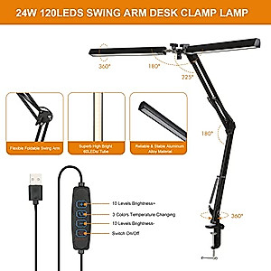 Neoglint Desk Lamps for Home Office Double Head - Modern Swing Arm Table Lamps with Clamp, 24W Large Bright Architect Desk Lights, 3 Color 10 Brightness & Memory Function Adjustable Task Lamp