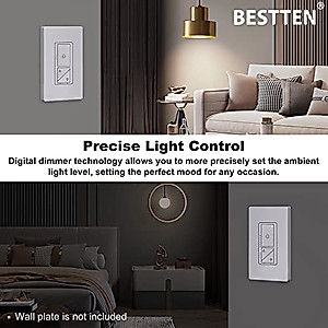 BESTTEN Super Slim Digital Led Dimmer Switch with Air Gap Power Cut Off Switch, MCU Smart-chip Technology and 3 Button Control, Single Pole or 3 Way Dimmer Light Switch, ETL Listed, Snow White