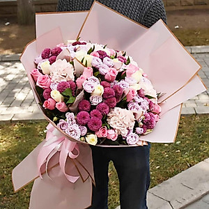 Yoqipati 20 Sheets Flower Wrapping Paper, 22.8x22.8 Inch Waterproof Floral Bouquet Wrapping Paper with Ribbon and Gift Cards for Valentine's Day Wedding Birthday DIY Crafts Gift(Pink)