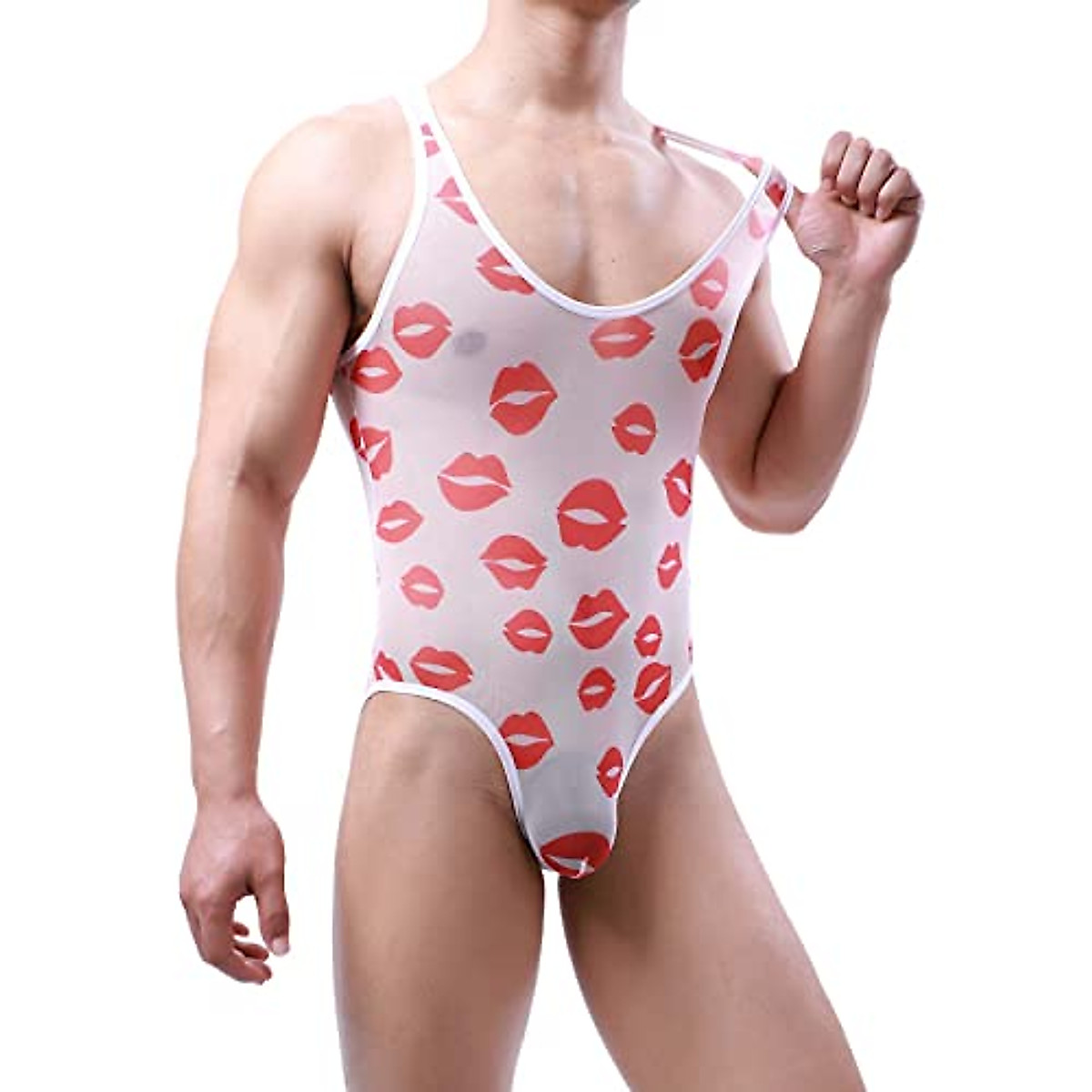Male Fashion Lips Lipstick Print Sexy Underwear Pant Body Sculpting Waist Bodysuit Beef Kit Men (White, XXL)
