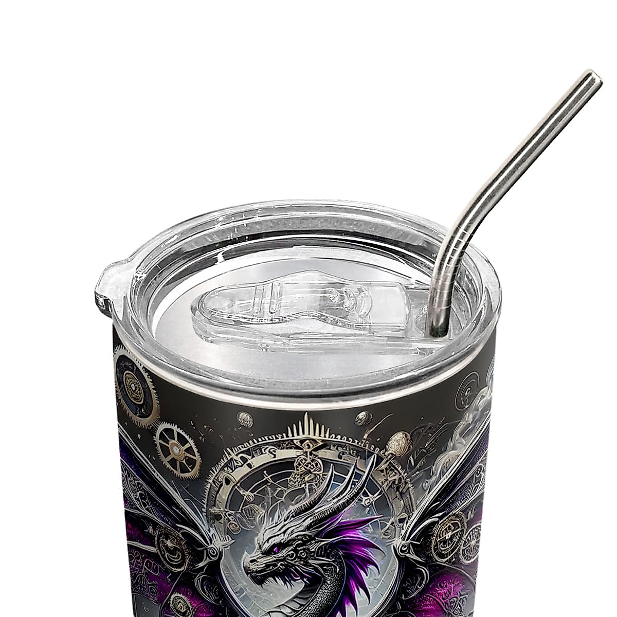 64HYDRO 20oz Steampunk Mechanical Dragon Tumbler, Engineer Mechanic Dragons, Gaming, Gamers Gifts for Dragon Lovers, Stainless Steel Double Wall Vacuum Insulated Coffee Mug, Travel Cup with Lid - F