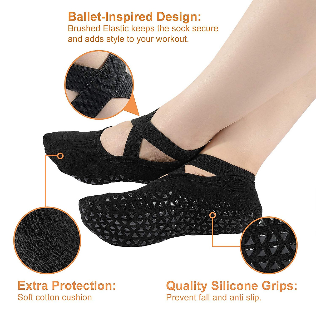 Pauboland Women's 6-Pack Black Padded Cushion Non-Slip Piyo Barre Pilate Ballet Yoga Socks with Grips, Size 4-9