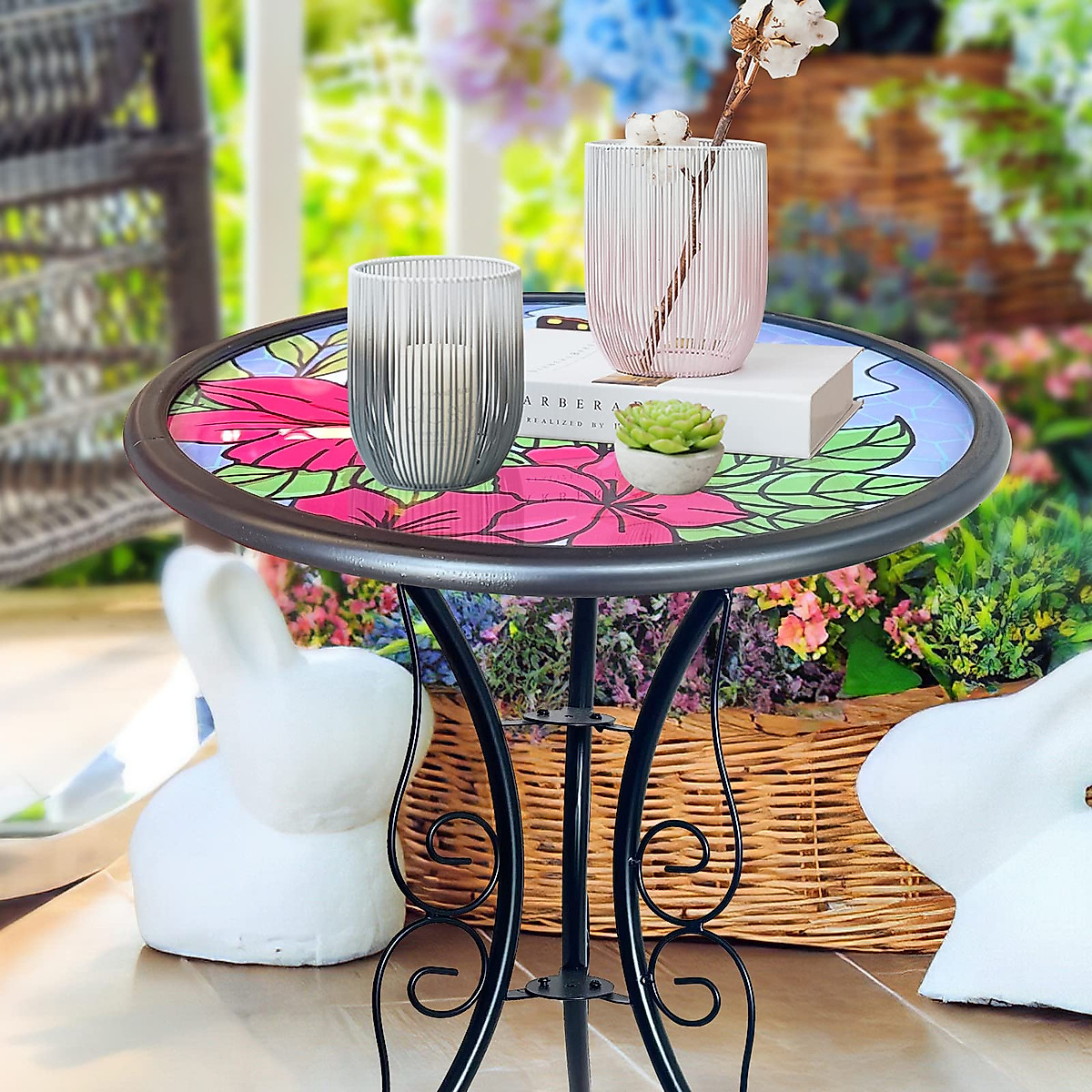 HONGLAND Outdoor Side Table Accent Round Painted Glass Desk for Garden,Patio, Dining Room 14 Inches(Butterfly)