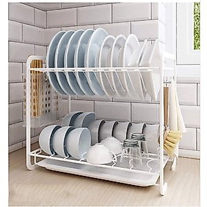 Plate Rack Draining Dish Rack Dish Drying Rack,2-Tier Dish Rack and Drain Board，Dish Drying Rack Storage Tray Cutlery Dish Drainer Room Pan Plate Holder
