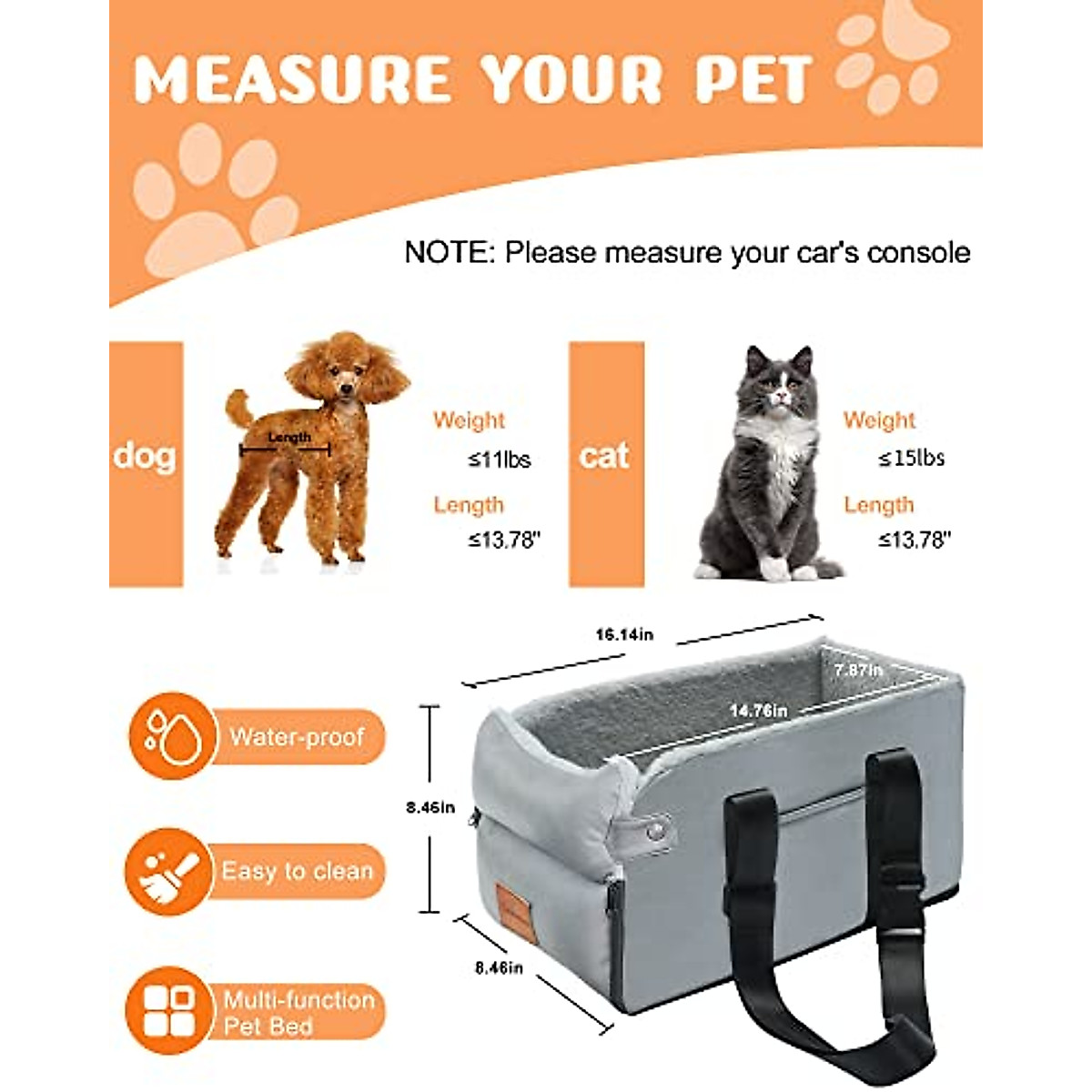 Colarlemo Center Console Dog Car Seat, Dog Car Seats for Small Dogs 0-15lbs, Portable Pet Armrest Car Seat, Dog Booster Seat with Safety Tethers and Pad, Single/Double Door Armrest Applicable