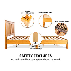 Wood Bed Frame, Wooden Bed Frame with 14 Strong Wooden Slats, King Headboard and Frame with Complete Headboard, Wood Platform Bed, No Box Spring Needed, King Bed Frame Wood with Solid Wood Foundation