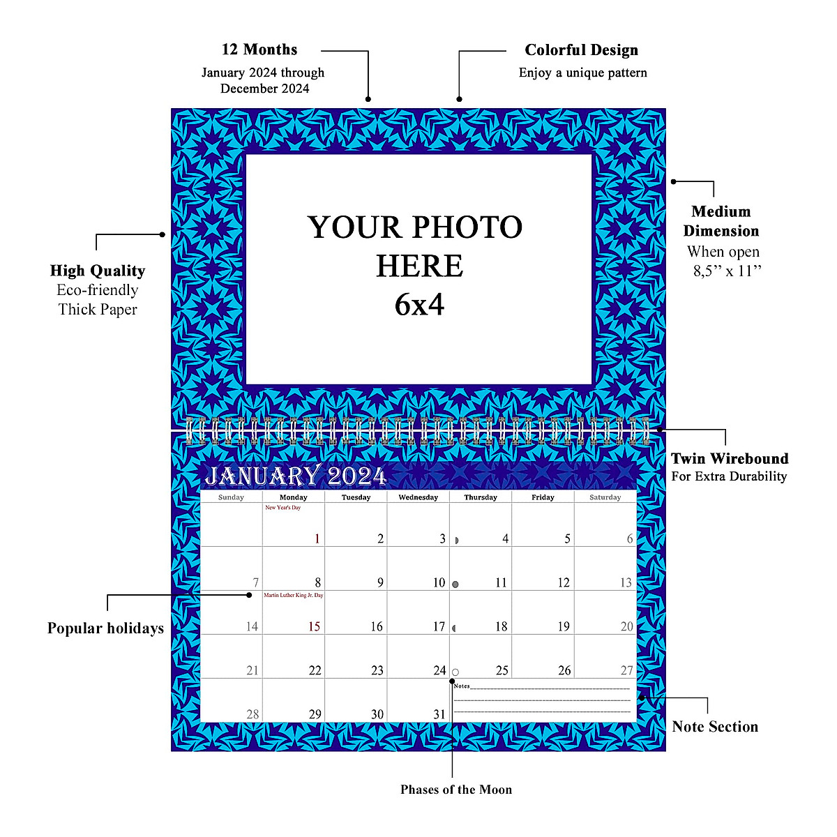 2024 Photo Frame Wall Spiral-bound Calendar (Add Your Own Photos) - 12 Months Desktop/Wall Calendar/Planner - (Edition #07)