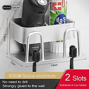 Toothbrush Holder Wall Mounted, Bathroom Accessories Organizer, No Drilling for Wall, Space Aluminum Material Silver (2 Slots)