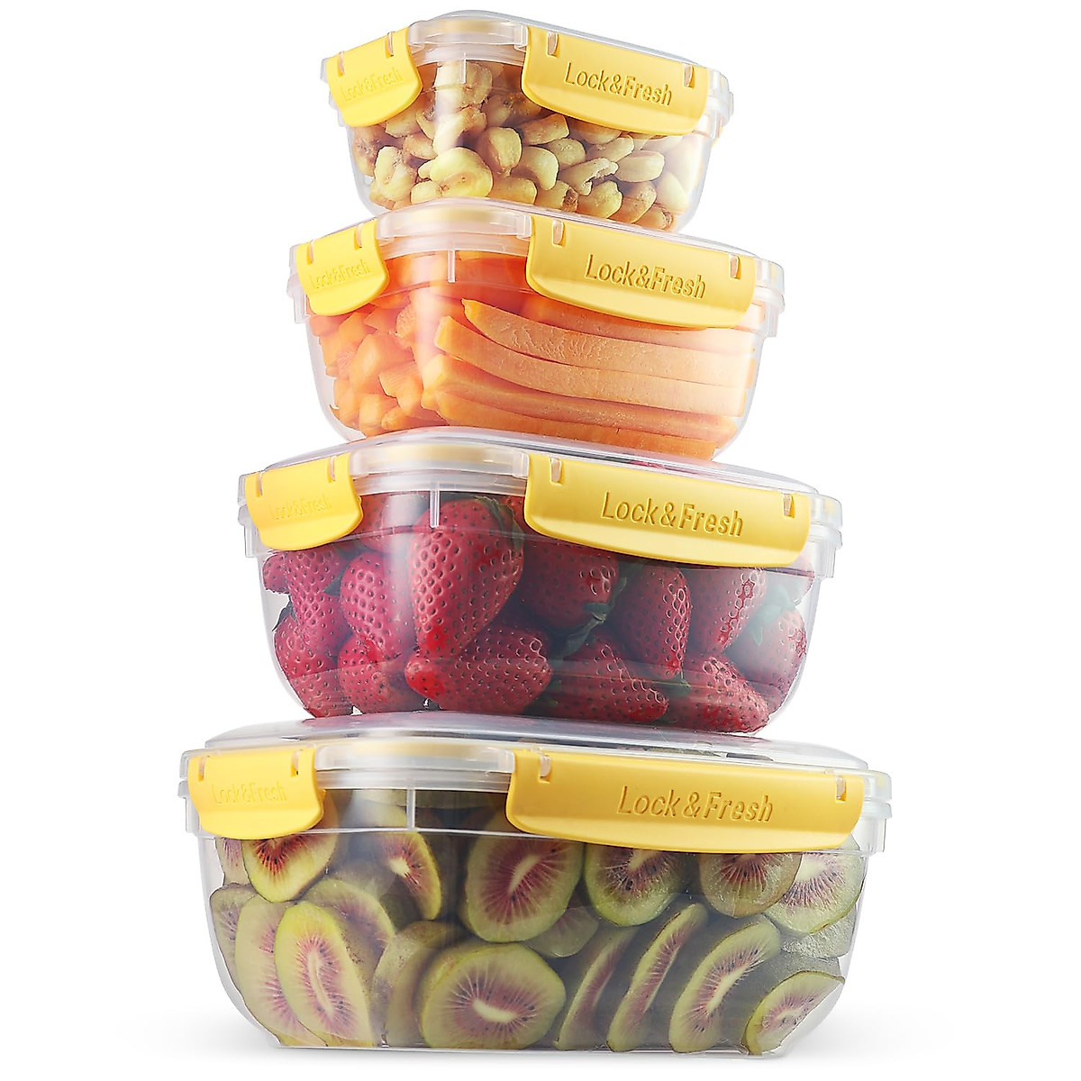 Superio Plastic Airtight Food Storage Containers, Set of 4 Sealed Clear Container Bowls with Lids, BPA Free, Rectangular, Yellow