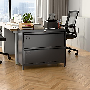 GangMei Metal Lateral File Cabinet with 2 Drawers, Wide Lateral Filing Cabinet with Lock for Hanging Files Letter/Legal/F4/A4 Size for Home Office School, Black, Assembly Required