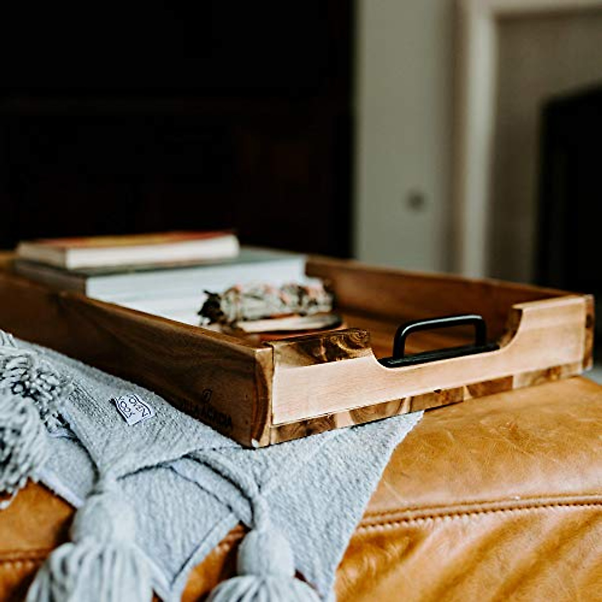 Villa Acacia Large Wood Serving Tray 24 Inch with Handles, Solid Wood, Light Finish