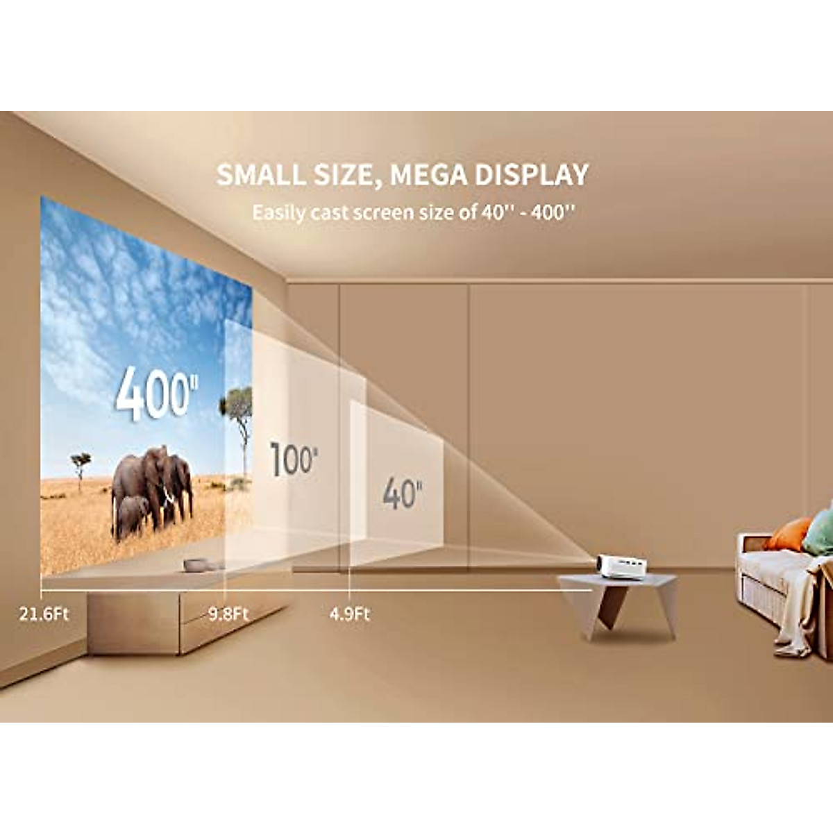 Mini Projector with 5G WiFi and Bluetooth, ALVAR 15000L 450 ANSI Native 1080P Portable Projector 4K Support, Outdoor Movie Projector with 120" Screen & 400" Display Compatible w/ TV Stick/HDMI/USB/PS5