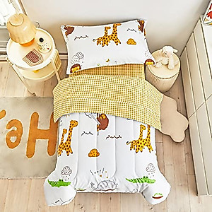 Flysheep 4 Piece White Toddler Bedding Set for Baby Girls and Boys, Cute Animals Printed - Includes Quilted Comforter, Flat Sheet, Fitted Sheet & Pillow Case, Soft Microfiber