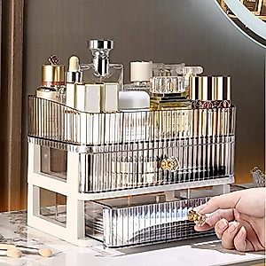 KchThass Acrylic Makeup Organizer with 2 Drawers,Cosmetic Display Cases for Vanity,Skincare Organizers Countertop,Desk Storage Holder for Perfume,Lotion,Lipstick,Brushes (3-Layer,Purple)