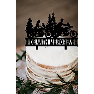 Funny Motorcycle Wedding Cake Topper - Ride with Me Forever Cake Topper - Mr & Mrs Romantic Cake Topper For Bridal Shower Engagement Wedding Anniversary Party Decor
