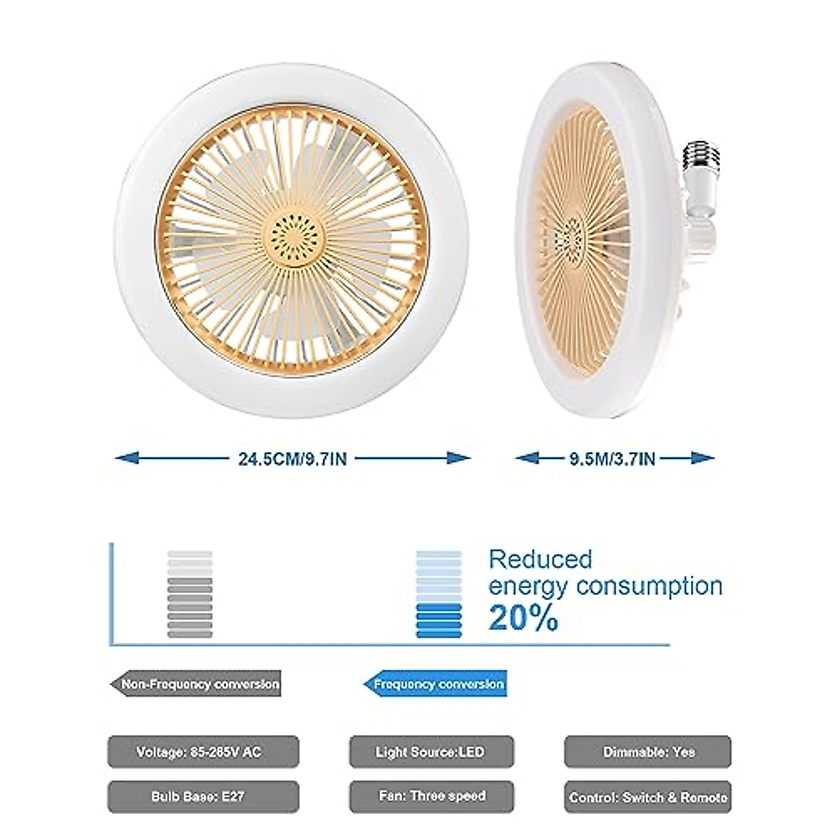 VONFAME Enclosed Ceiling Fan with Light and Remote Small 10-inch E27 Bladeless Ceiling Fans Dimmable LED Lights 3 Gear Wind Speeds Family Summer Gift for Garage Tool Room and Store Room(Yellow)