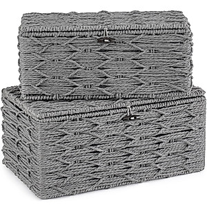 Mkono Storage Baskets Bin with Lid Decorative Paper Rope Handwoven Basket Organizer for Shelves Wardrobe Toilet Tank Top, Rectangular Wicker Home Decor Box for Bedroom Living Room, Set of 2, Grey