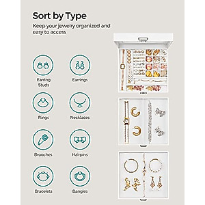 SONGMICS Jewelry Box, Lockable Jewelry Storage Organizer, Jewelry Case with Glass Window, for Rings, Earrings, Studs, Bracelets, Necklaces, White UJBC158W01